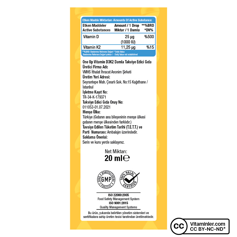 One Up D3 + K2 Vitamini 20 Ml Damla - D Vitaminleri