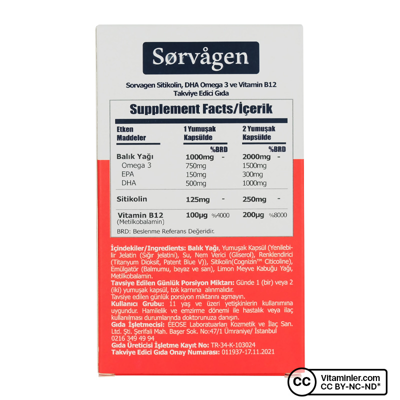 Sorvagen Smart Sitikolin DHA Omega 3 ve B12 30 Kapsül | Vitaminler