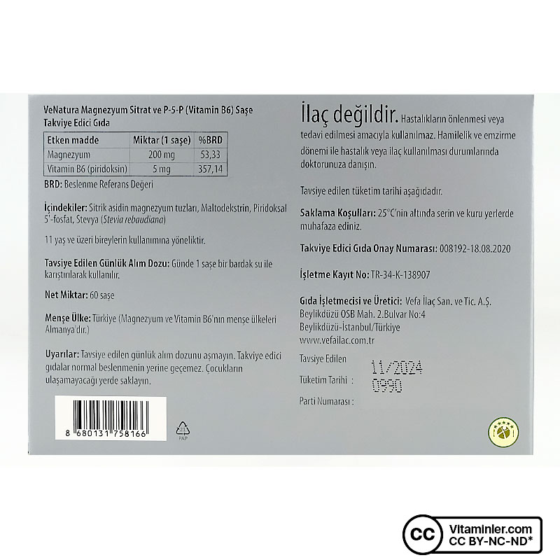 Venatura Magnezyum Sitrat ve P-5-P (Vitamin B6) 60 Saşe | Vitaminler