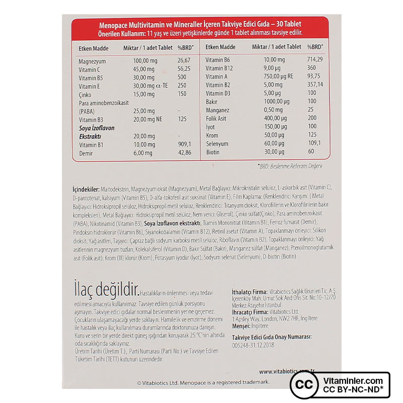 Vitabiotics Menopace 30 Tablet | Vitaminler
