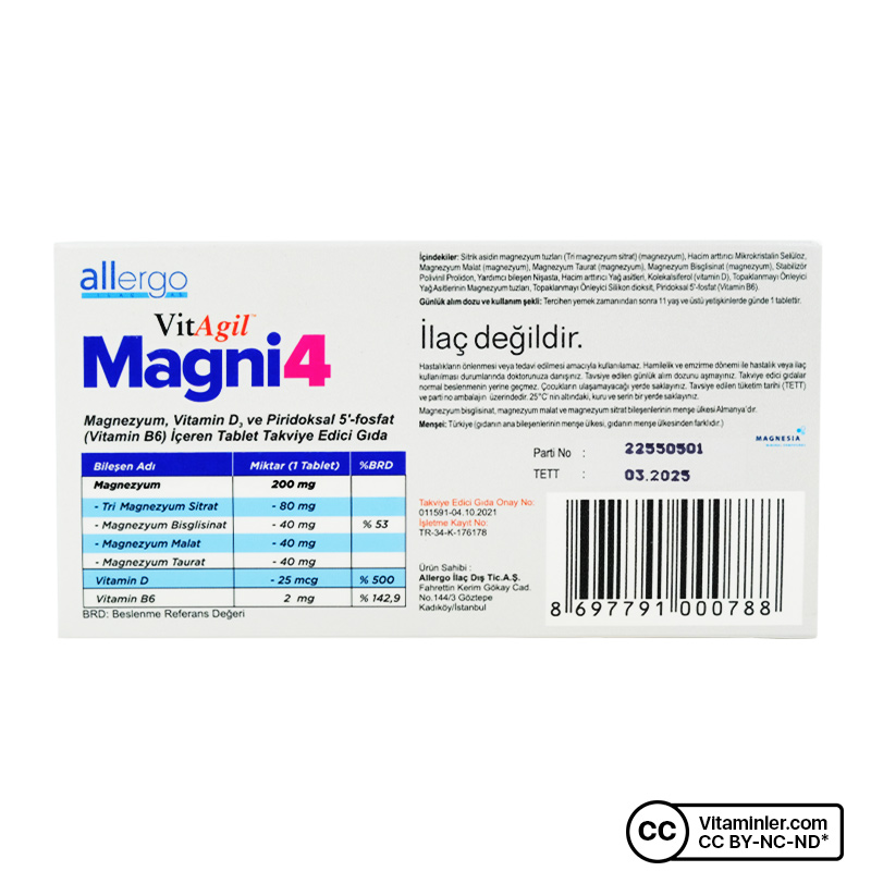 Vitagil Magni4 Magnezyum Vitamin D3 P5P 30 Tablet | Vitaminler