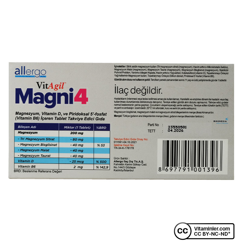 VitAgil Magni4 Magnezyum Vitamin D3 P5P 60 Tablet | Vitaminler